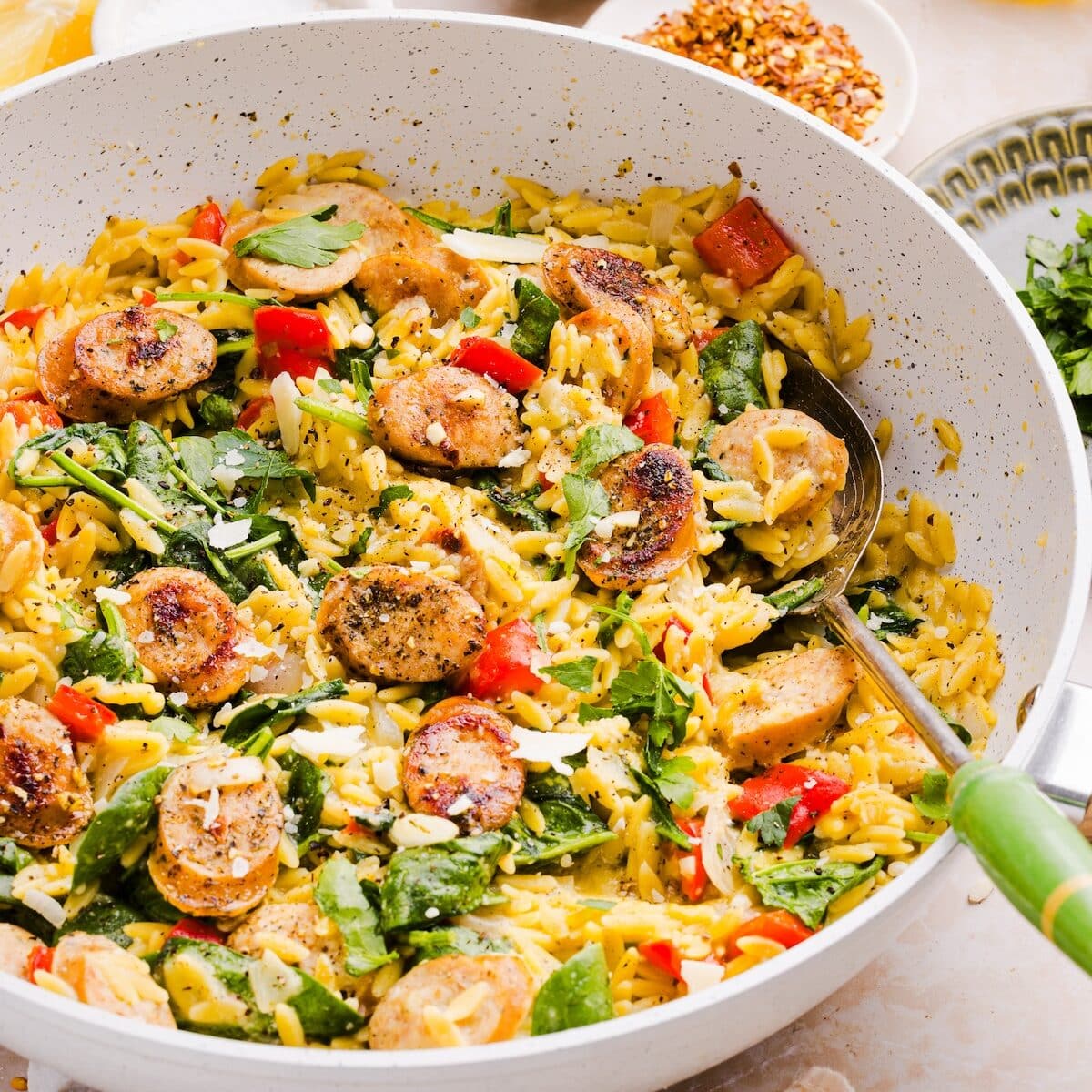 One-Pan Chicken Sausage Orzo - Real Life Nutritionist